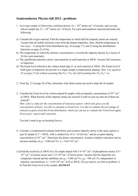 Semiconductor Physics fall 2012– problems - Solid State Physics