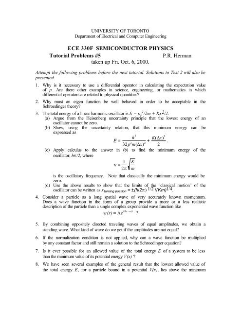 ECE 330F SEMICONDUCTOR PHYSICS Tutorial Problems #5 P.R.
