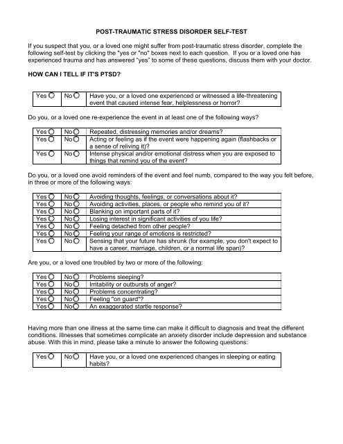PTSD Self Test - Post Traumatic Stress Disorder