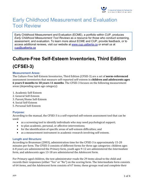 Culture Free Self-Esteem Inventory, 3rd Edition (CFSEI - Community ...