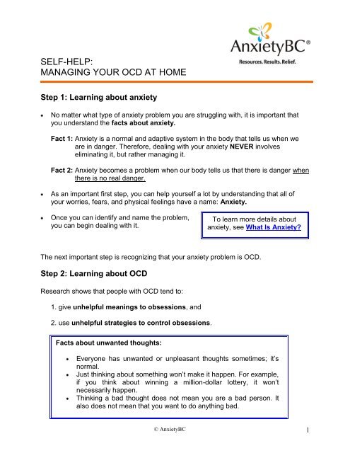 Self-Help: Managing your OCD at Home - AnxietyBC Self-Help: Managing your OCD at Home - AnxietyBC