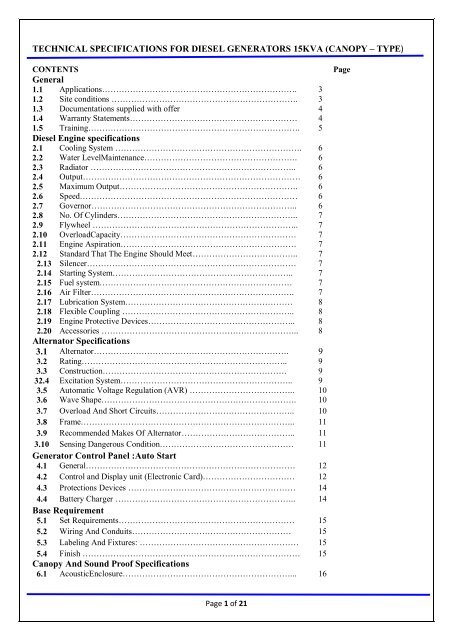 TECHNICAL SPECIFICATIONS FOR DIESEL GENERATORS 15KVA