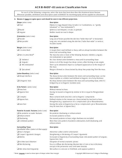 ACR BI-RADS® – US Lexicon Classification Form - American ...