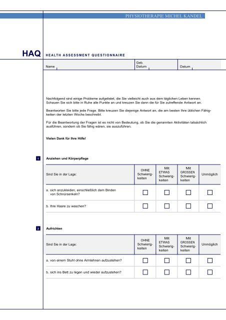 HAQ HEAL TH ASSESSMENT QUESTIONNAIRE - Physiotherapie ...