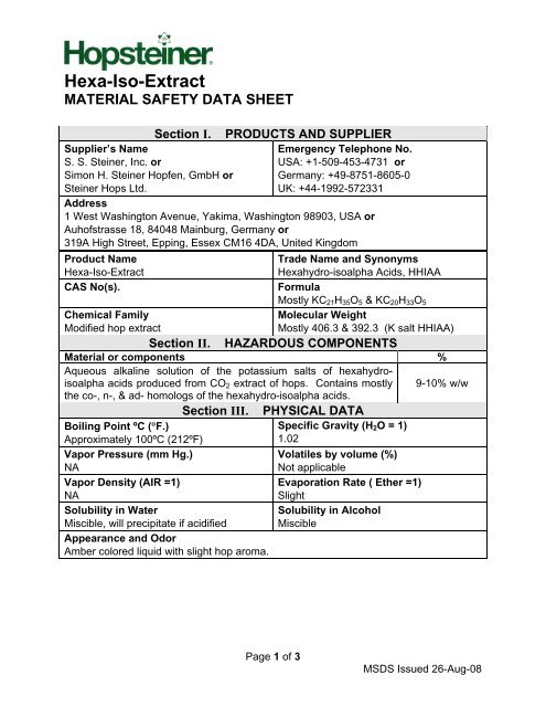 Hexa-Iso-Extract MATERIAL SAFETY DATA SHEET - Hopsteiner