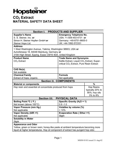 CO2 Extract MATERIAL SAFETY DATA SHEET - Hopsteiner