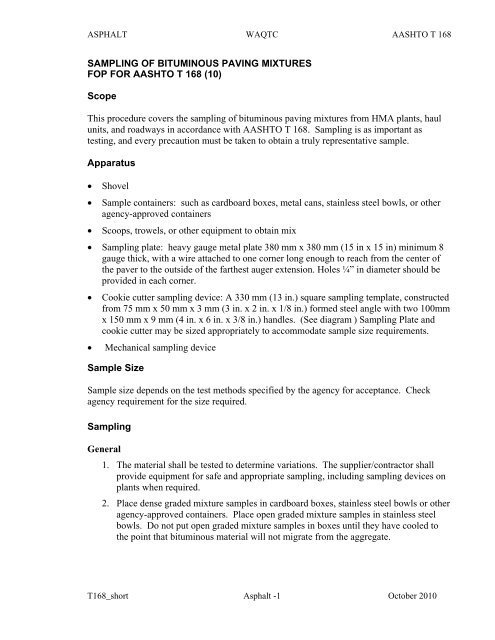 AASHTO T 168, Sampling of Bituminous Paving Mixtures - WAQTC