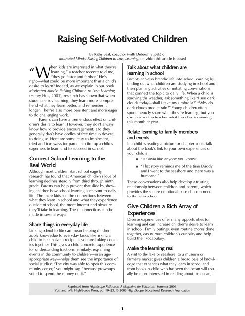 Raising Self-Motivated Children - High/Scope Educational Research ...