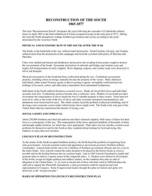 reconstruction of the south 1865-1877 - my social studies class