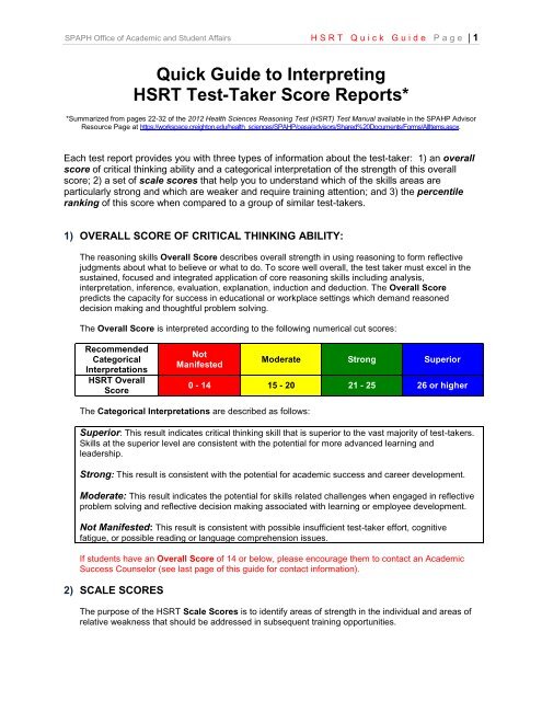Quick Guide to Interpreting HSRT Test-Taker Score Reports*