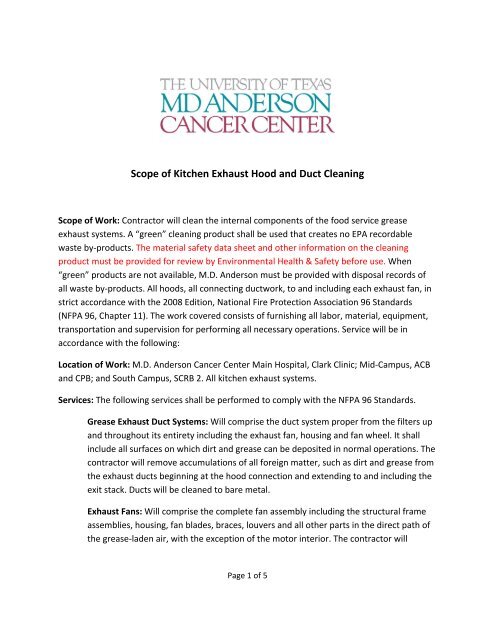 Scope of Kitchen Exhaust Hood and Duct Cleaning - MD Anderson ...