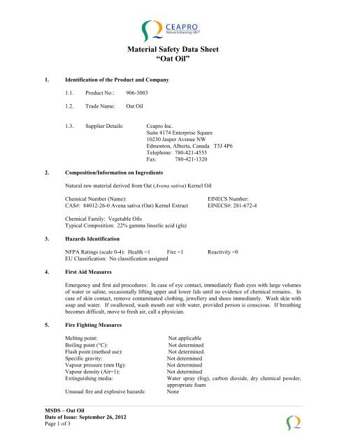 Material Safety Data Sheet - Ceapro, Inc.