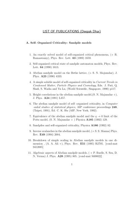 LIST OF PUBLICATIONS (Deepak Dhar) - Theoretical Physics
