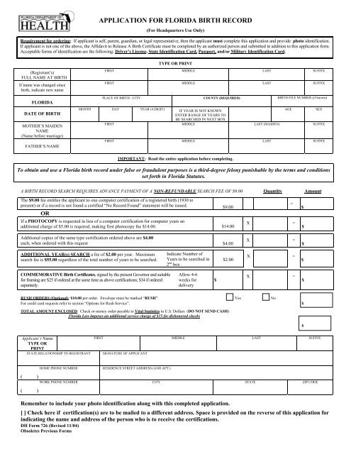 APPLICATION FOR FLORIDA BIRTH RECORD