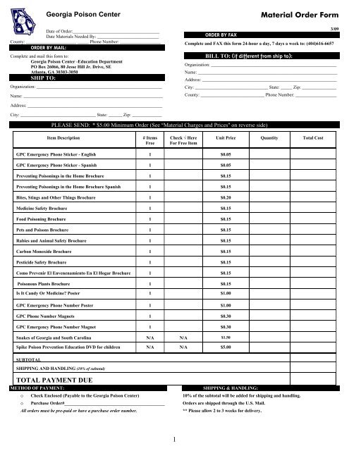 Material Order Form - Georgia Poison Center