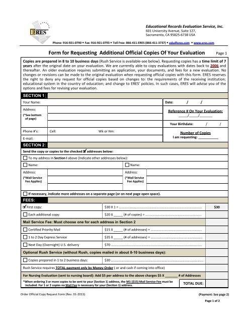 Form for Requesting Additional Official Copies Of Your ... - ERES