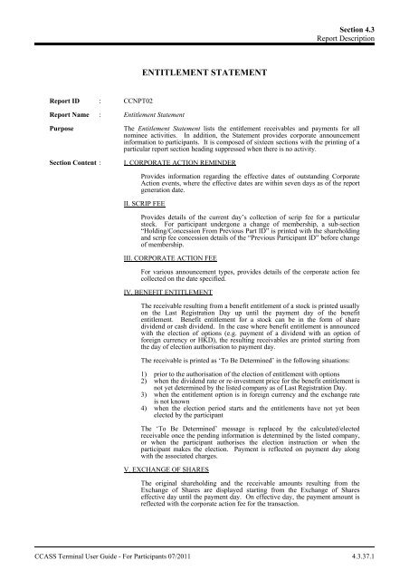 ENTITLEMENT STATEMENT