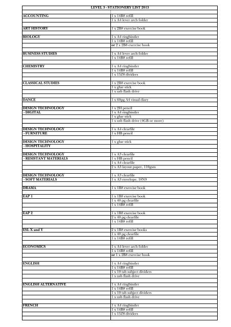2013 Stationery List Year 13.pdf - Takapuna Grammar School
