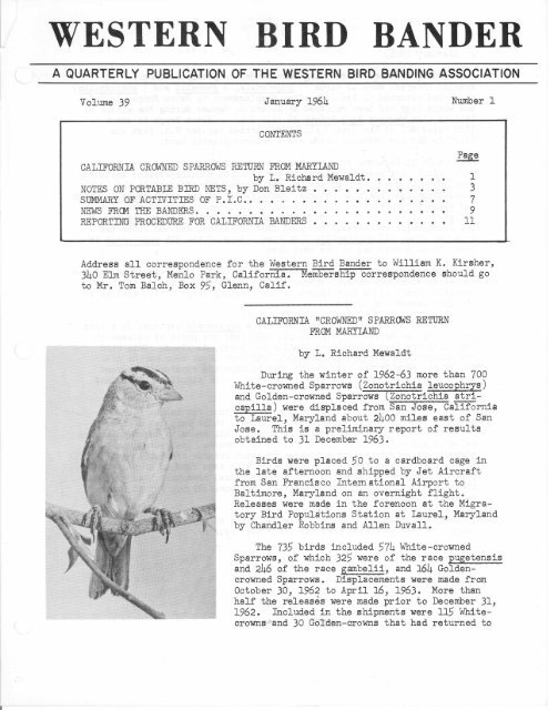 WESTERN BIRD BANDER - Western Bird Banding Association