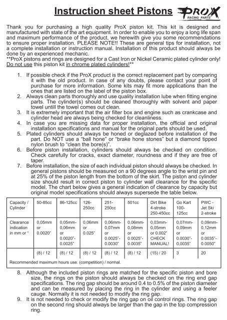 Instruction sheet Pistons - Pro-X Racing Parts