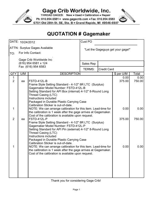 QUOTATION # Gagemaker - Ring & Plug Thread Gages