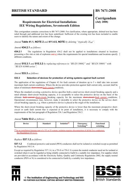 17th Edition, BS 7671:2008 Corrigendum (July 2008) - IET Electrical ...