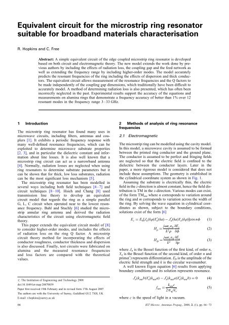 Equivalent circuit for the microstrip ring resonator suitable for ...