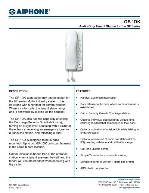 GF-1DK Instructions Spec Sheet - Aiphone