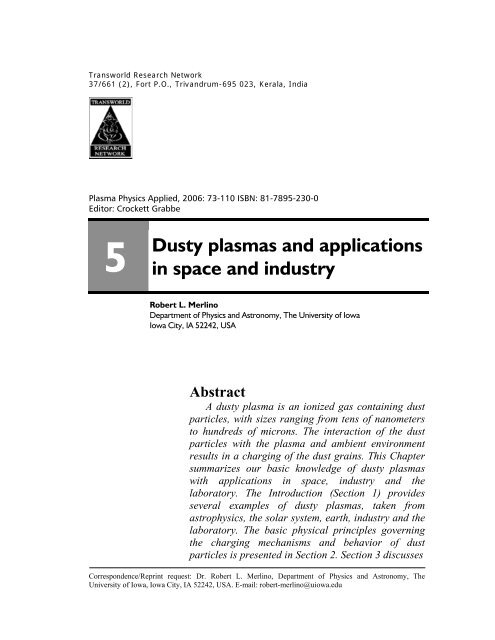 5 Dusty plasmas and applications in space and industry