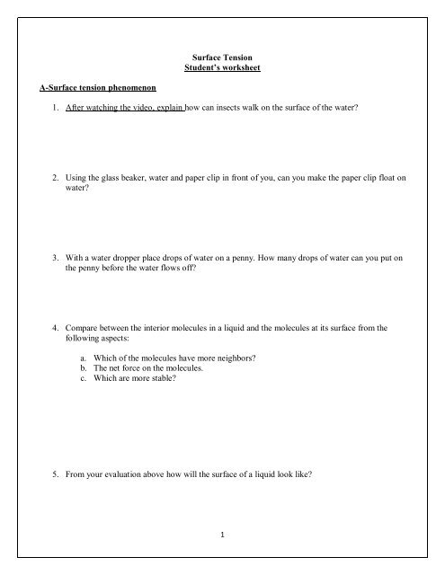 Surface Tension Student's worksheet A-Surface tension ...