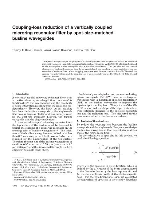 Coupling-loss reduction of a vertically coupled microring resonator ...