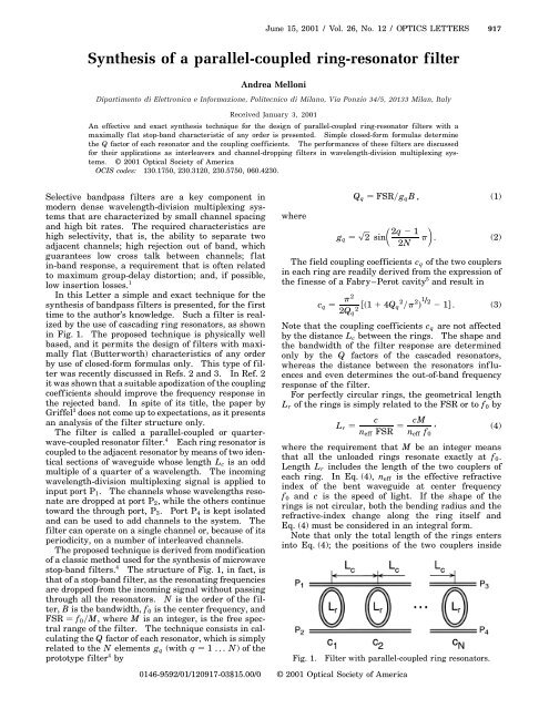 Synthesis of a parallel-coupled ring-resonator filter - Dipartimento di ...