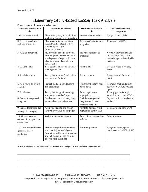 Elementary Story-based Lesson Task Analysis