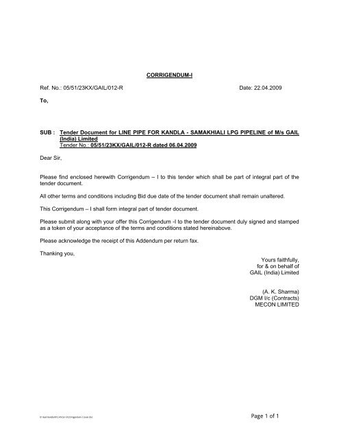 Tender Document for LINE PIPE FOR KANDLA - GAIL (India) Ltd.