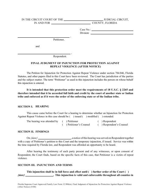 Final Judgment of Injunction for Protection Against Repeat - Forms