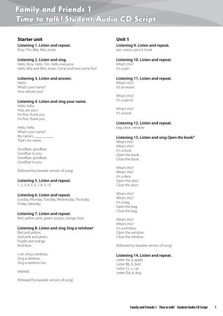 Family and Friends 1 Time to talk! Student Audio CD Script