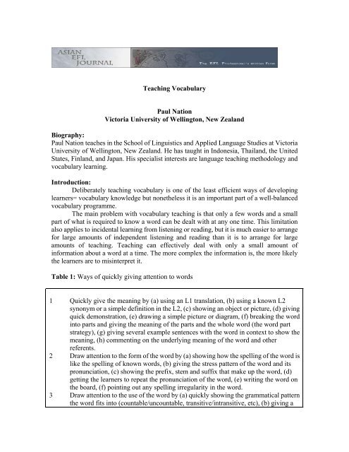 Teaching Vocabulary Paul Nation Victoria University of Wellington ...