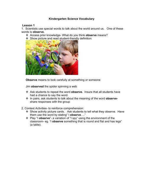 Kindergarten Science Vocabulary Lesson- Cameron