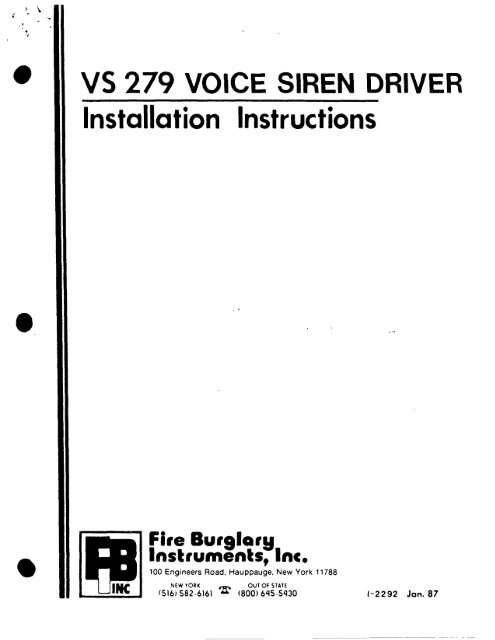 Model VS 279 Voice Siren Driver – "notes" second ... - Home Security