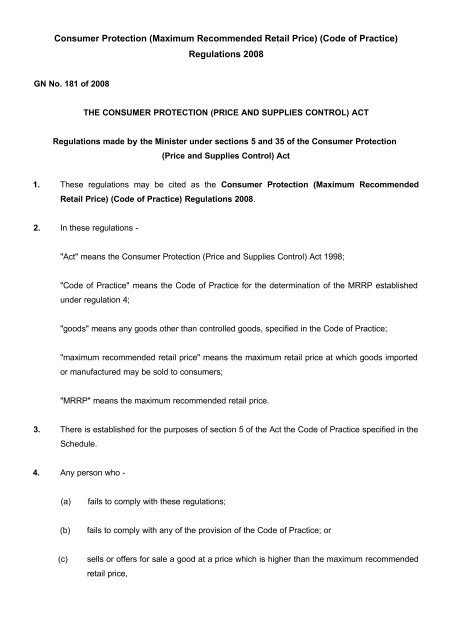 Consumer Protection (Maximum Recommended Retail Price) (Code ...