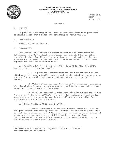 NAVMC 2922 Unit Awards Manual - combined action program