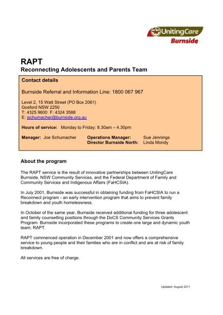 Reconnecting Adolescents and Parents Team - UnitingCare Burnside