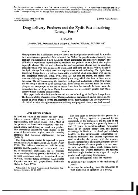 Drug-delivery Products and the Zydis Fast-dissolving ... - Catalent