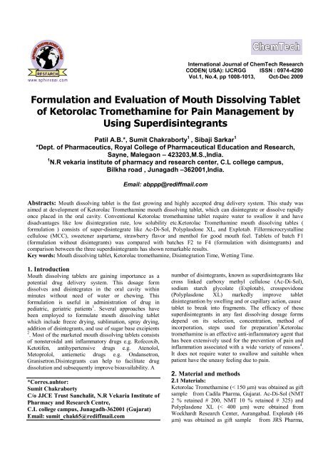 Formulation And Evaluation Of Mouth Dissolving Tablet Research