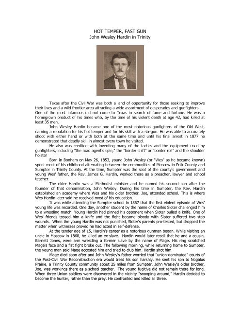 HOT TEMPER, FAST GUN John Wesley Hardin in Trinity