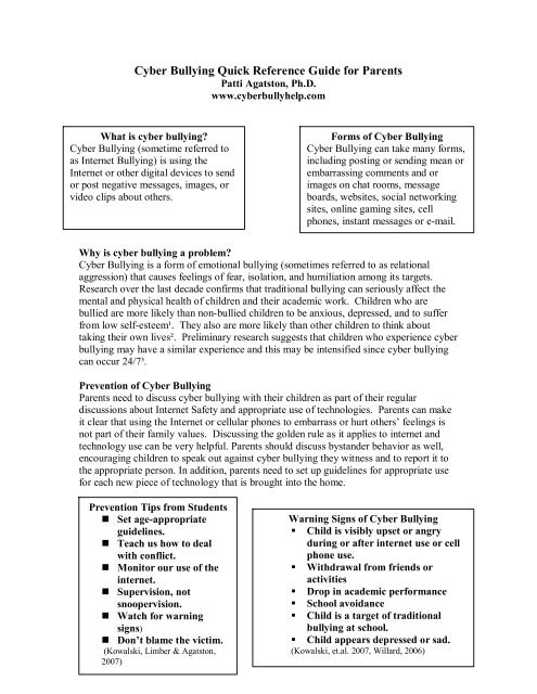 Cyber Bullying Quick Reference Guide for Parents - Cyberbully Help