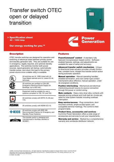 Transfer switch OTEC open or delayed transition - Cummins Inc.