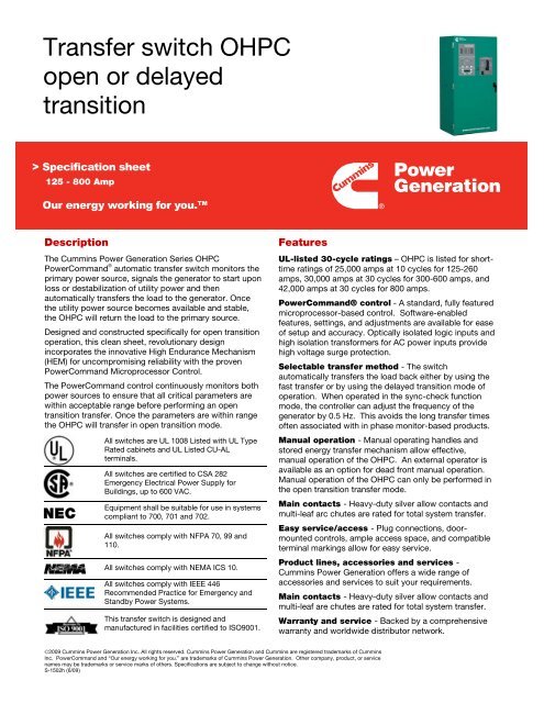 Transfer switch OHPC open or delayed transition - Cummins Inc.