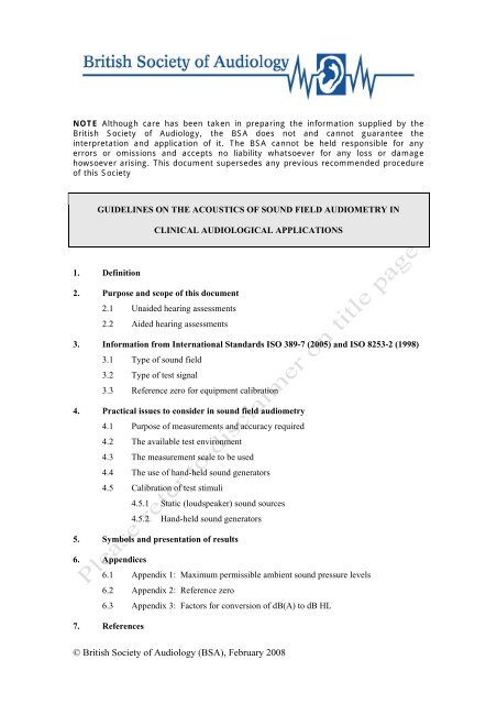 Guidelines on the acoustics of sound field audiometry