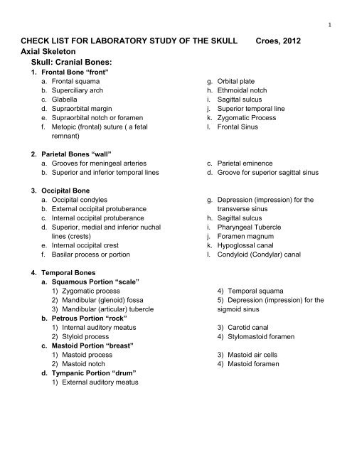 Check List for Structures of the Skull - Dr. Scott Croes